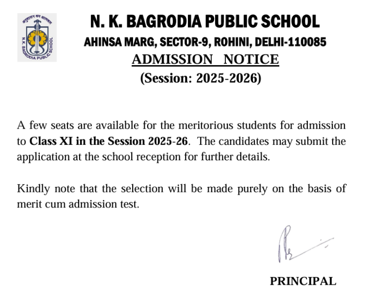 Admission Notice – Class XI (Session :2025-2026) – NKBPS